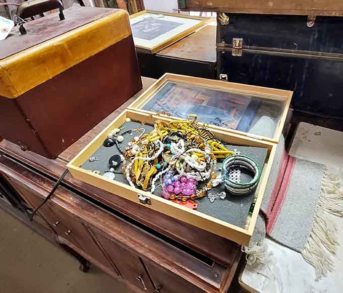 Costume jewelry and genuine vintage pieces mingling together like guests at the world's most glamorous garage sale.