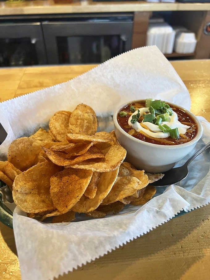 Homemade chili with chips offers that perfect warm-up act before the main event takes the stage.