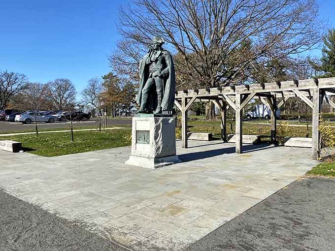 Baron von Steuben stands ready to drill troops, the Prussian officer who taught Americans how to fight like professionals.