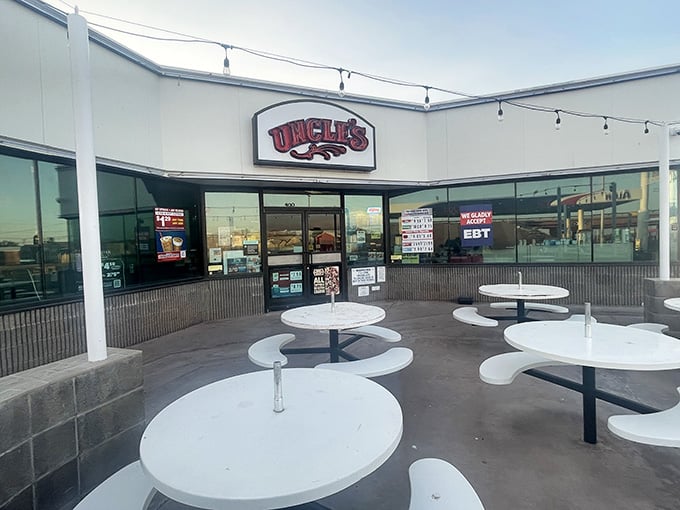 Modern convenience meets small-town service, with outdoor seating perfect for watching the world slowly pass by here.