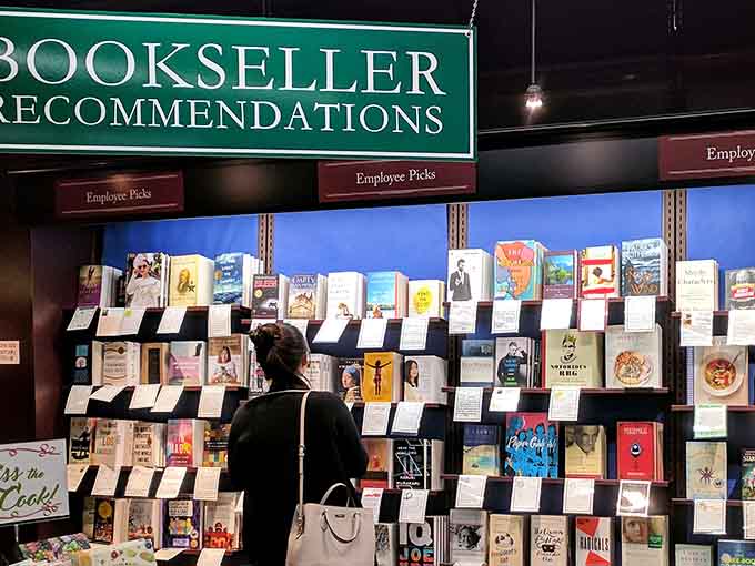 Staff picks displayed like a checkerboard of literary genius, each recommendation worth its weight in gold.