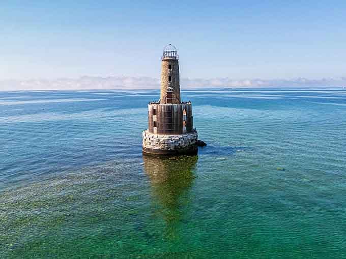 From the shoreline, Waugoshance Point Light stands offshore in clear waters, giving it an eerie, storybook presence as if it belongs to another world.