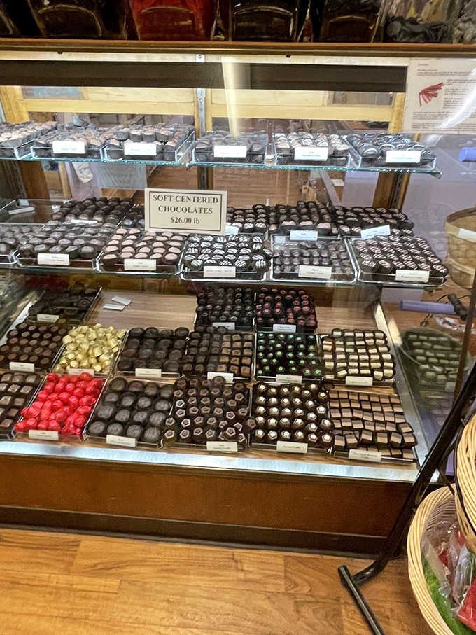 Soft-centered chocolates displayed like edible jewels will test your willpower and probably win that battle decisively.