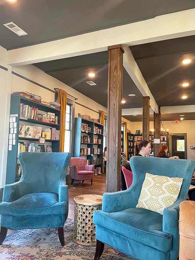 Plush wingback chairs in jewel tones invite you to settle in and ignore all your responsibilities today.