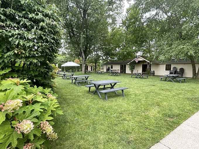 Picnic tables scattered across the lawn, waiting for you to claim one as your temporary kingdom.