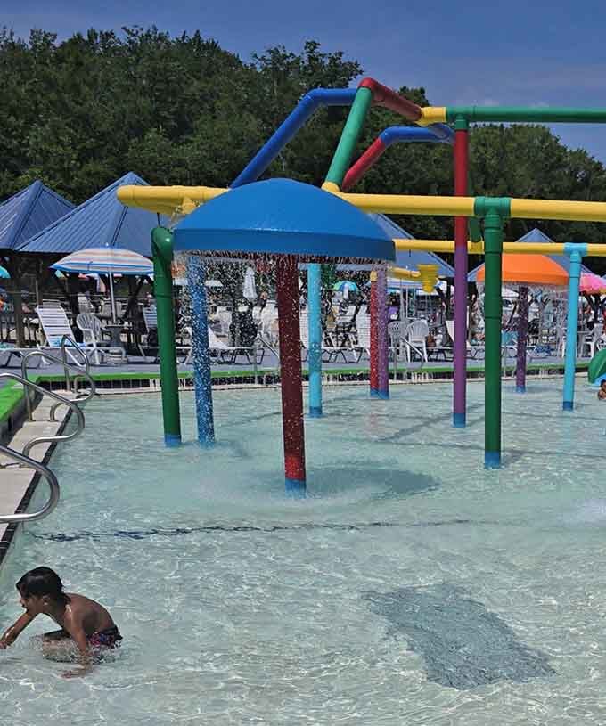 Colorful spray features keeping the little ones entertained while parents enjoy thirty seconds of actual sitting down.