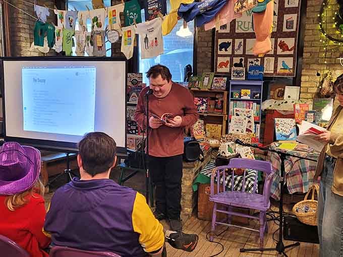 Story time brings generations together as a reader shares tales in this brick-walled sanctuary of imagination and community.