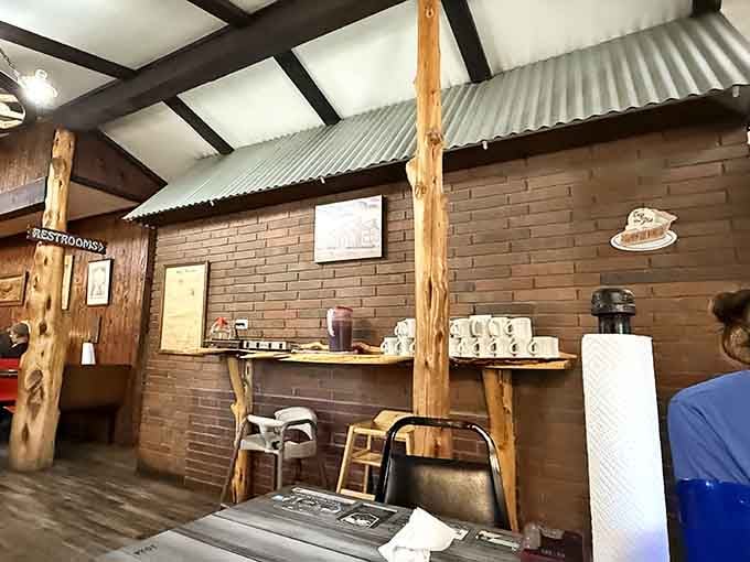 Corrugated metal ceiling and exposed beams give this dining room character that fancy restaurants spend fortunes trying to replicate.