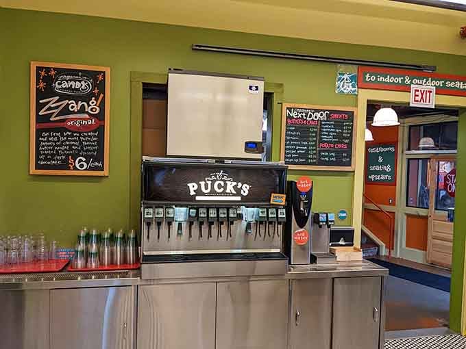 A beverage station offering Puck's coffee and other refreshments ensures nobody goes thirsty during their sandwich journey.