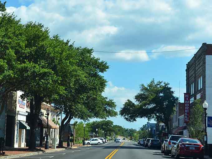 Mature trees shade the street like nature's own awnings, offering cool respite and timeless beauty in equal measure.