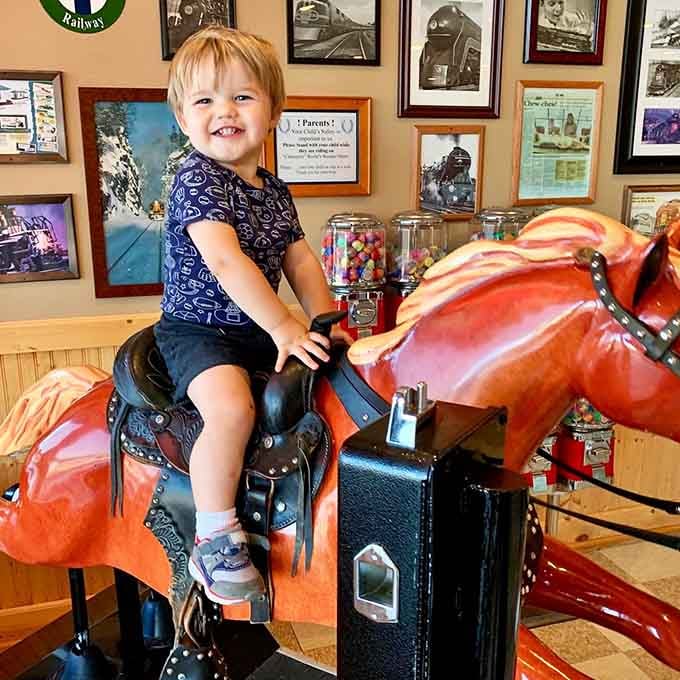 The vintage kiddie ride adds another layer of nostalgia to an already memory-packed dining experience here.