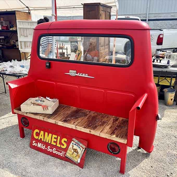 A Ford truck cab transformed into a bench shows the kind of creative upcycling that Pinterest dreams about.