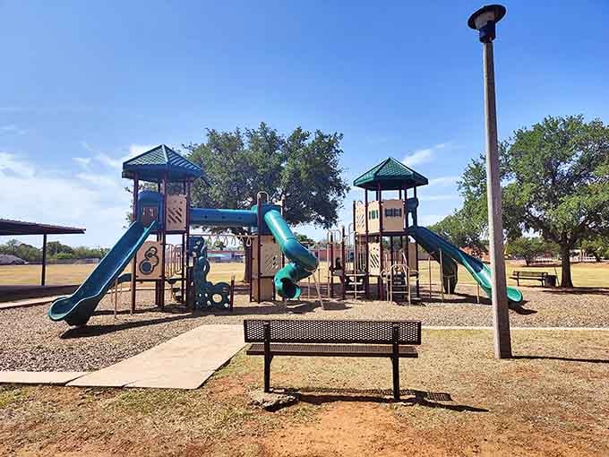 Gill Park's playground equipment means family fun that's completely free, unlike those expensive theme parks requiring loans.