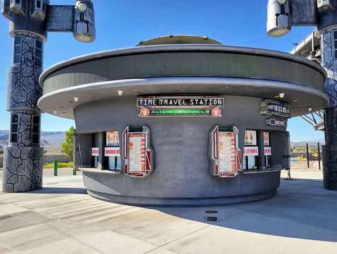 The outdoor snack station looks like a retro-futuristic gas pump had dreams of becoming a food truck.