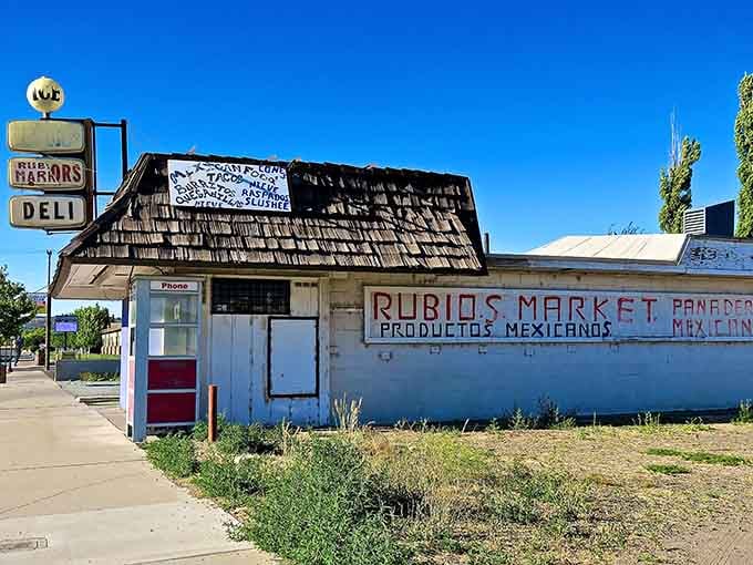 Rubio's Market's weathered exterior tells stories of decades serving the community, one taco and tortilla at a time.