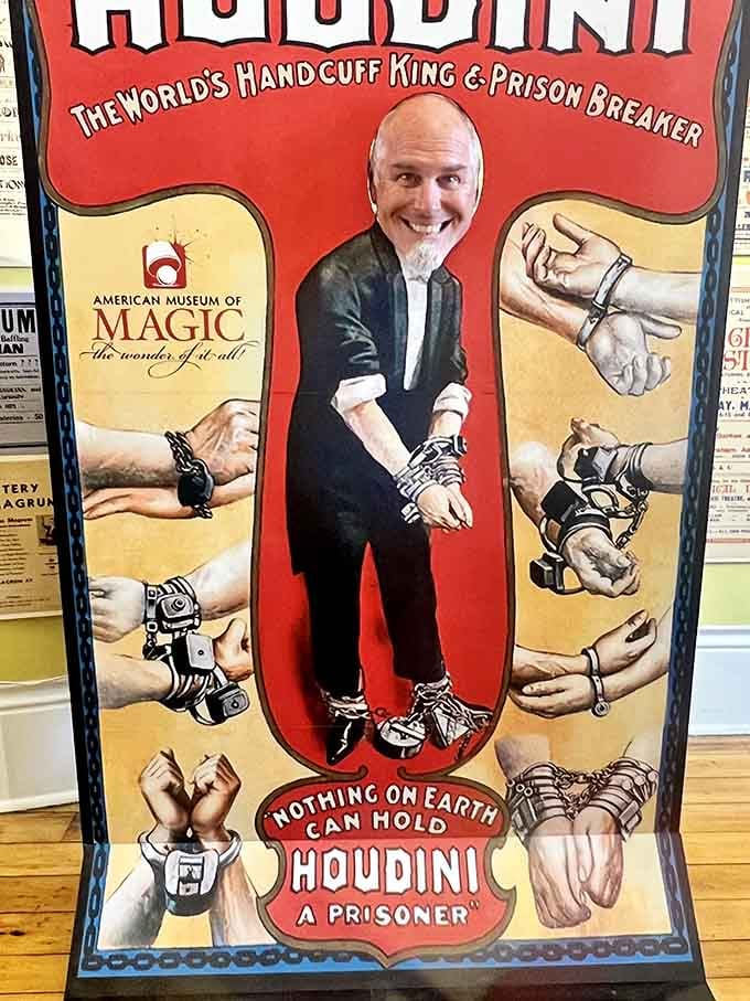 Strike a pose with Houdini himself and pretend you've mastered the art of escaping from impossible situations, handcuffs included.
