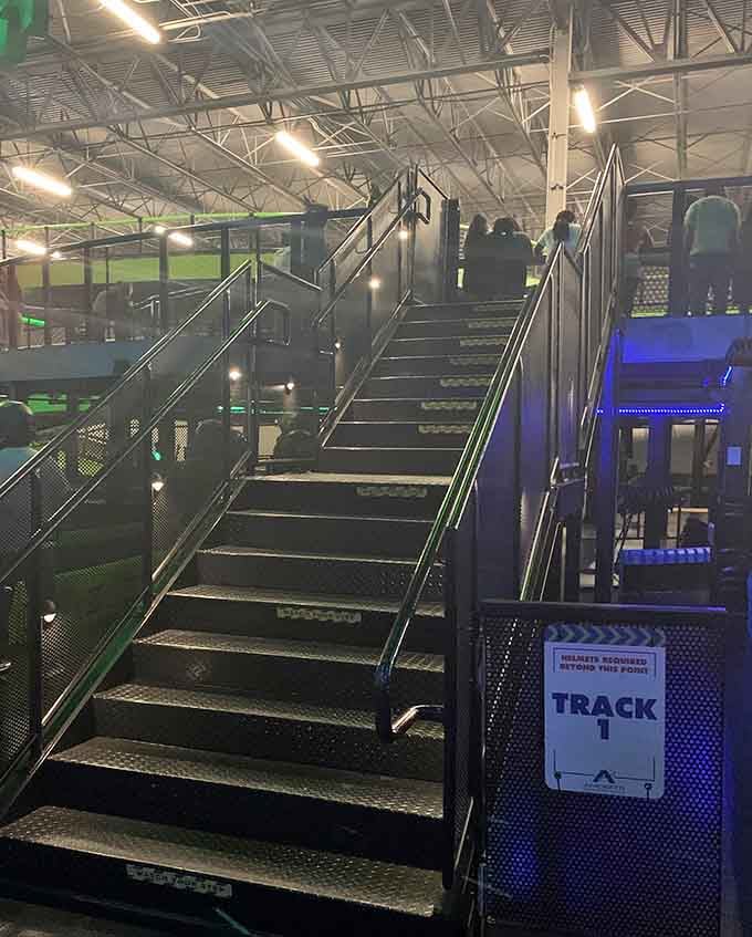 These stairs lead to the best seats in the house for watching friends and family test their racing mettle.