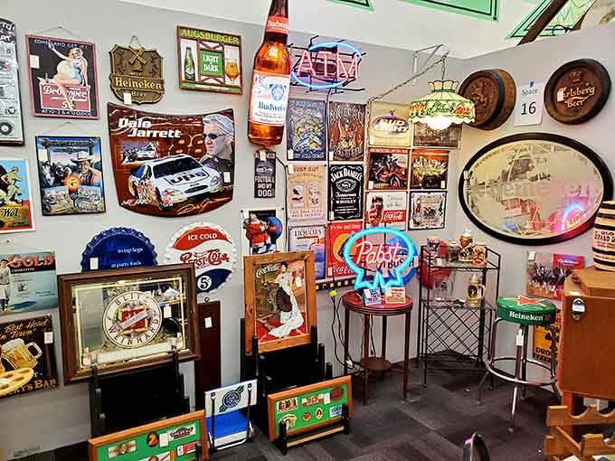 Vintage advertising signs covering the walls like a time capsule from when everything cost a nickel.