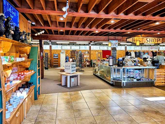 The gift shop offers souvenirs and supplies, because even geological time travelers need snacks and postcards.
