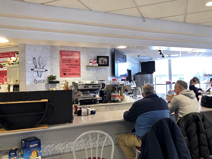 Counter seating with a view means you can watch other people struggle with the same delicious decisions.
