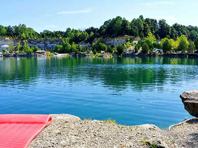 The panoramic view reveals just how perfectly this former quarry has transformed into an aquatic wonderland.