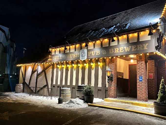 The building glows with welcoming warmth at night, like a beacon calling you home to fish and chips.