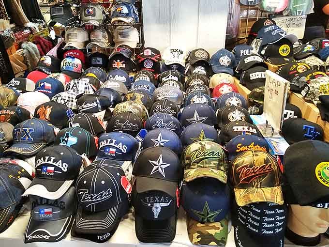 Texas pride runs deep here, with caps representing everything from Dallas to local teams in every color combination imaginable.