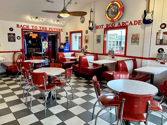 Retro seating that makes you want to slide into a booth and stay until closing time.