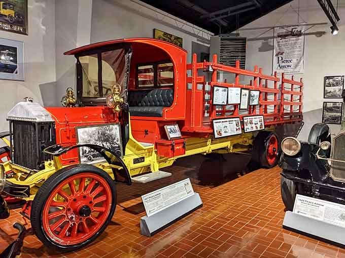 Bright red and bold, this 1917 Pierce-Arrow truck commanded attention then and still stops visitors in their tracks.