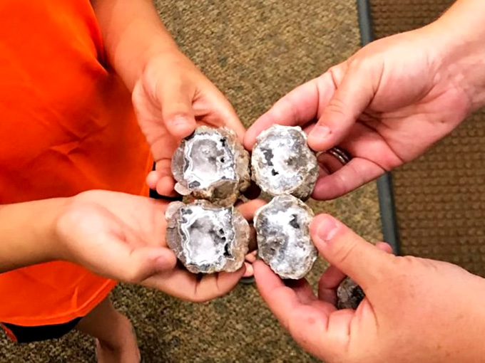 Cracking open geodes together creates memories that sparkle just as brightly as the crystals inside them.