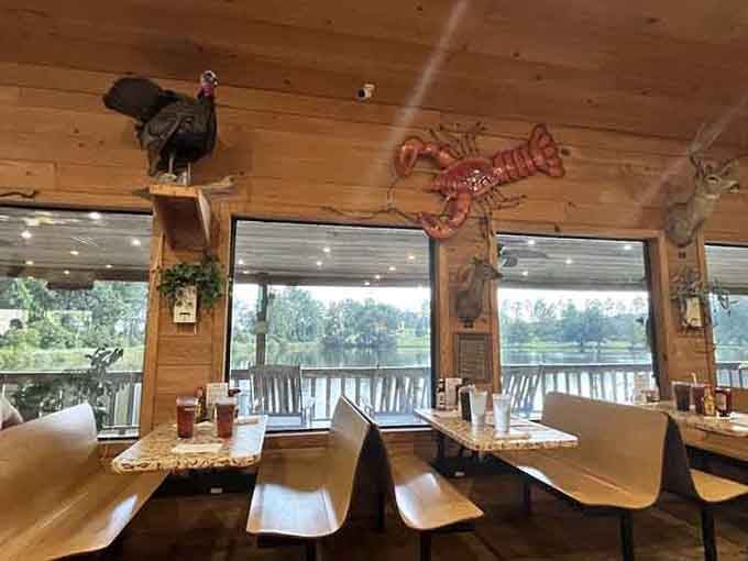 Windows overlooking the countryside and a mounted turkey remind you where good food comes from.