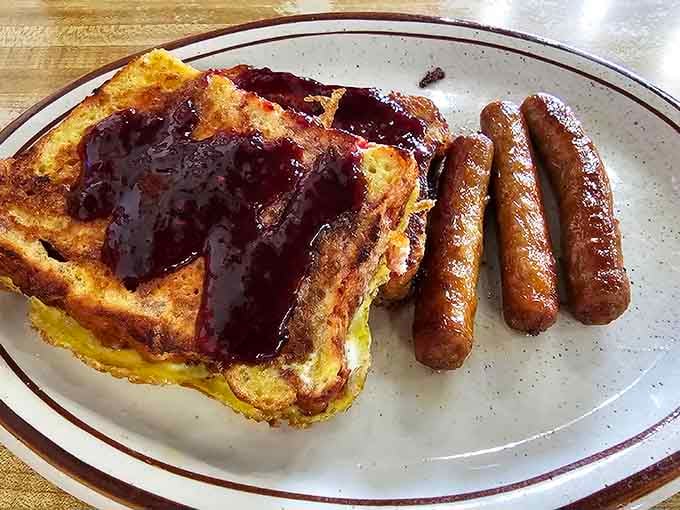 Stuffed French toast with sausage links is what happens when breakfast decides to show off a little bit.