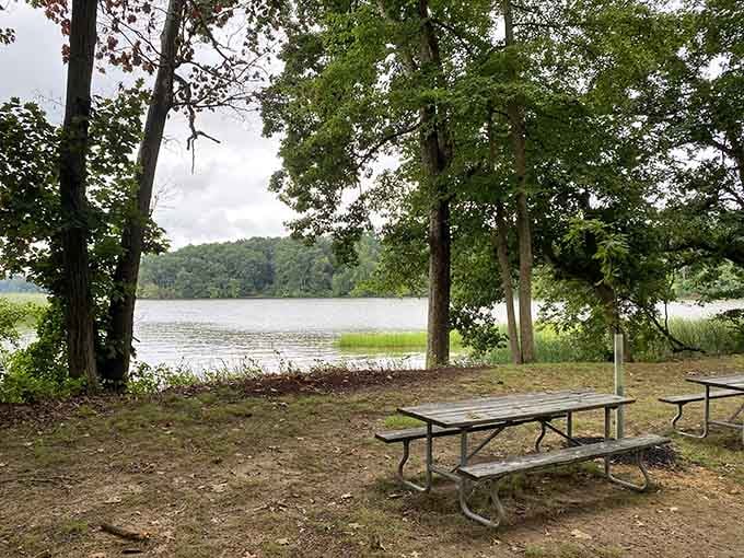 Picnic tables overlook tranquil waters where the only decision you'll face is whether to eat lunch or just breathe deeply.