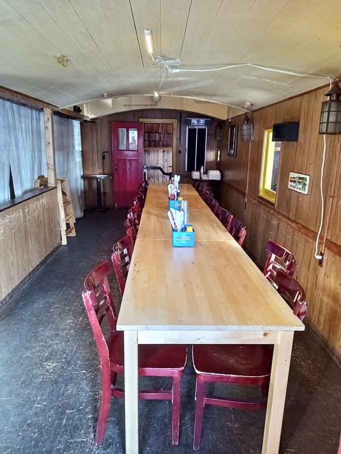 Inside the caboose, long tables await groups ready to dine like they're on a cross-country adventure.