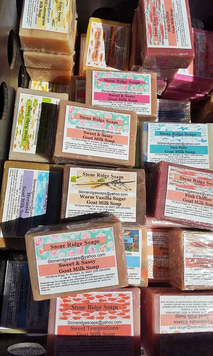 Stone Ridge goat milk soaps stacked like colorful building blocks that'll make your shower smell like a spa.
