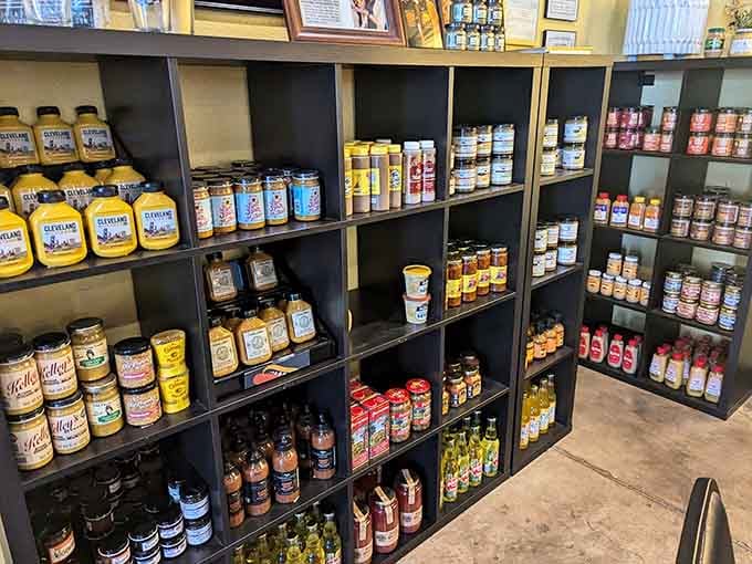 Shelves lined with mustards, sauces, and condiments from across the globe mean your sandwich customization options are practically endless here.
