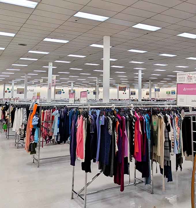 Clothing racks disappear into the horizon like a retail version of that cornfield from Field of Dreams.