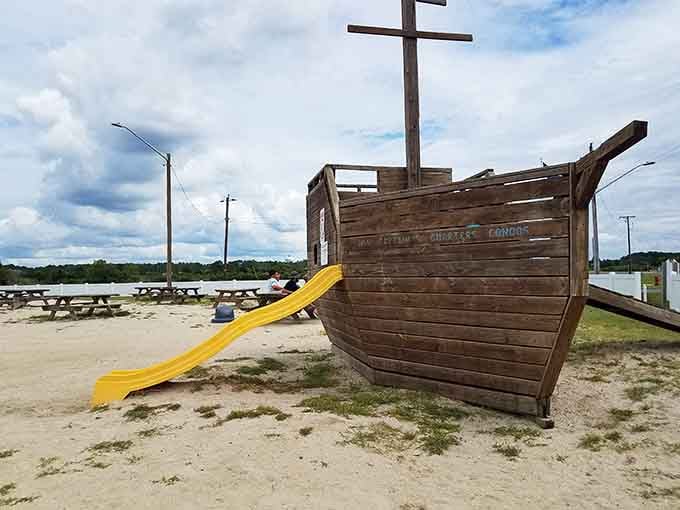 Even the playground equipment gets nautical here, because why wouldn't children want to climb aboard a landlocked vessel?