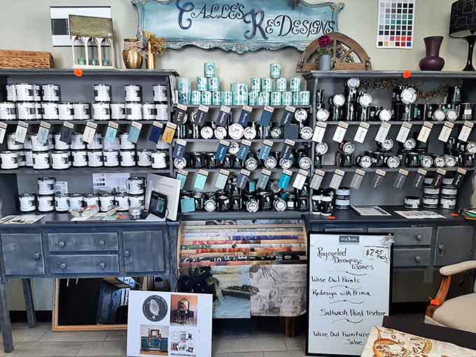 Paint color samples organized like a rainbow promise transformation for any furniture brave enough to get a makeover.