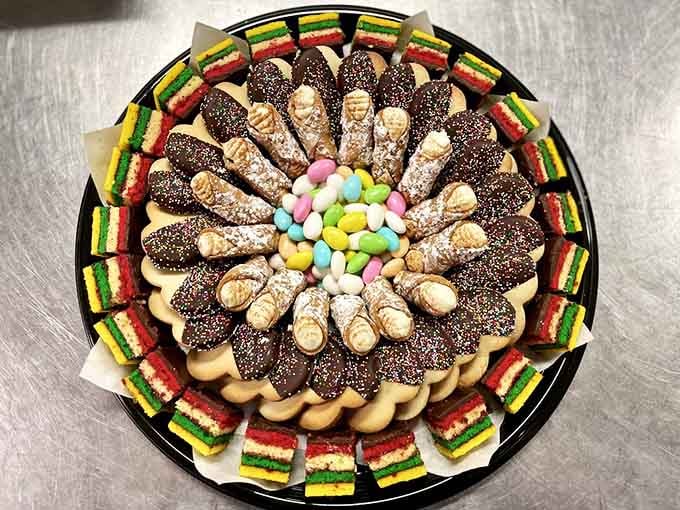 Custom dessert trays featuring cannoli and Italian cookies prove they take the sweet stuff as seriously here.