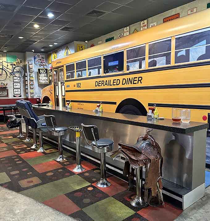 Chrome stools and a school bus backdrop make this counter seating an Instagram-worthy experience.