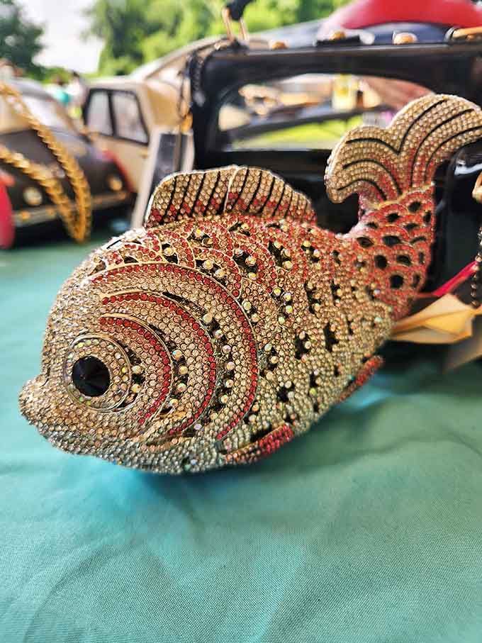 A jeweled fish sculpture catches the light, because why wouldn't you need a bedazzled aquatic friend today?