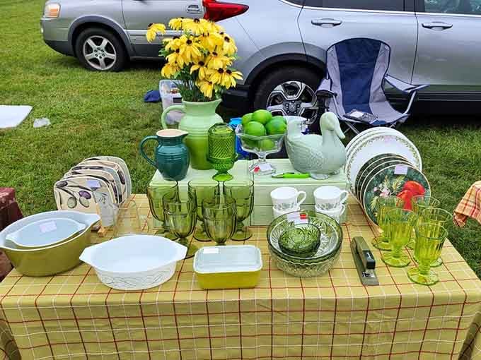 Vintage glassware in cheerful green hues proves that everyday dishes can be both functional and fabulous.
