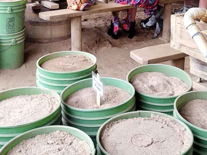 Buckets of mining rough stacked and ready, each one holding the promise of discovery.
