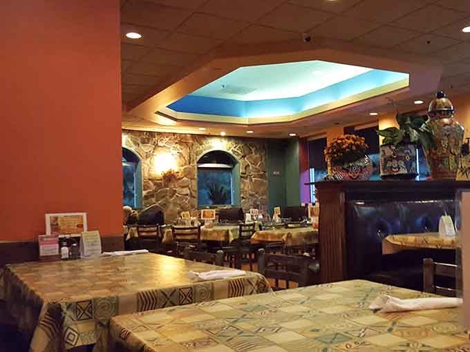 Stone accents and warm lighting create an atmosphere that's both rustic and refined in all the right ways.
