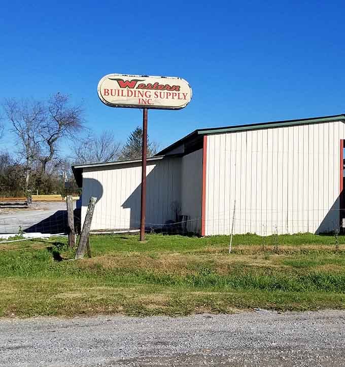A building supply store with a vintage sign that's worth more than most modern advertising campaigns.