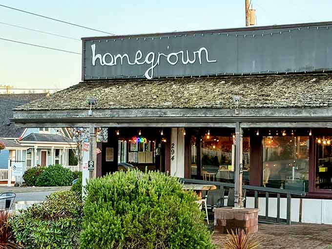 The "homegrown" sign beckons with promises of local flavors and farm-fresh ingredients served with genuine coastal hospitality.