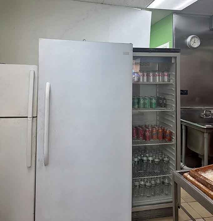A beverage cooler stocked with simple refreshments, because when dumplings are this good, fancy drinks seem completely unnecessary.