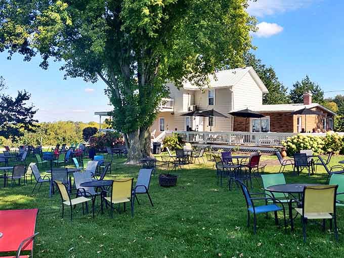 Galena Cellars Vineyard's outdoor seating area is where Illinois wine country meets pure relaxation under open skies and shade.