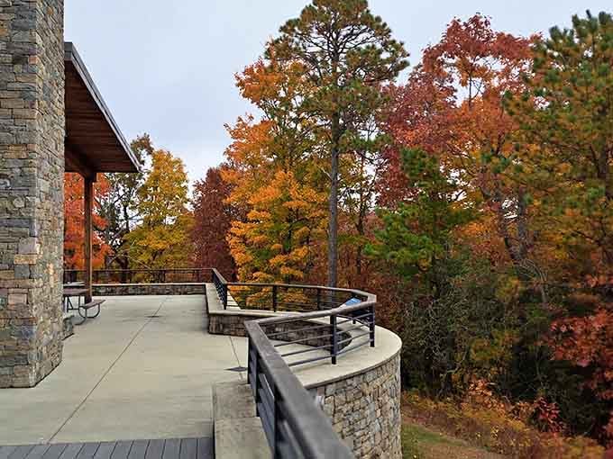 Autumn's grand finale viewed from a deck that understands the importance of comfortable observation points for scenery.